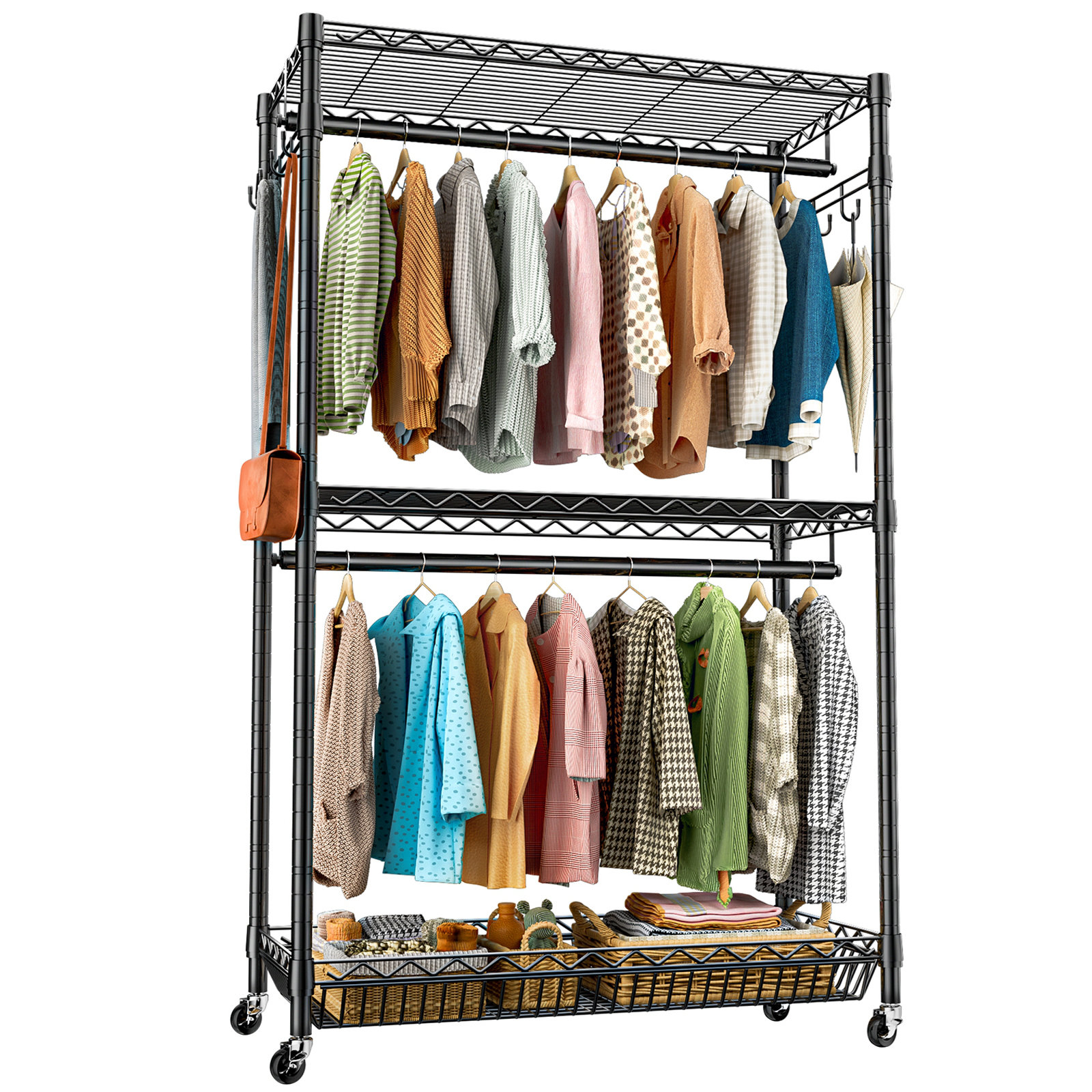 Rebrilliant Niyana 45" Rolling Clothes Rack, Clothing Racks for Hanging Clothes, Heavy Duty ...
